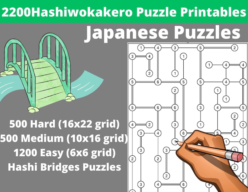 Easy, Medium and Hard Hashi Bridges Puzzles Printable PDF - Bundle of 2200 Hashiwokakero ...