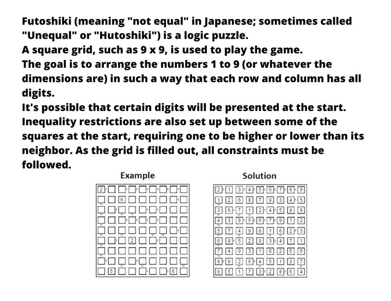 Easy, Medium and Hard Futoshiki Puzzles Printable PDF - 2400 Hutoshiki ...