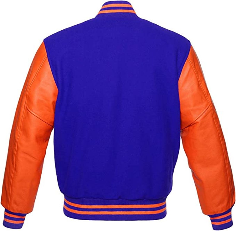Varsity Letterman College Baseball Jacket - Blue Wool Body Orange ...