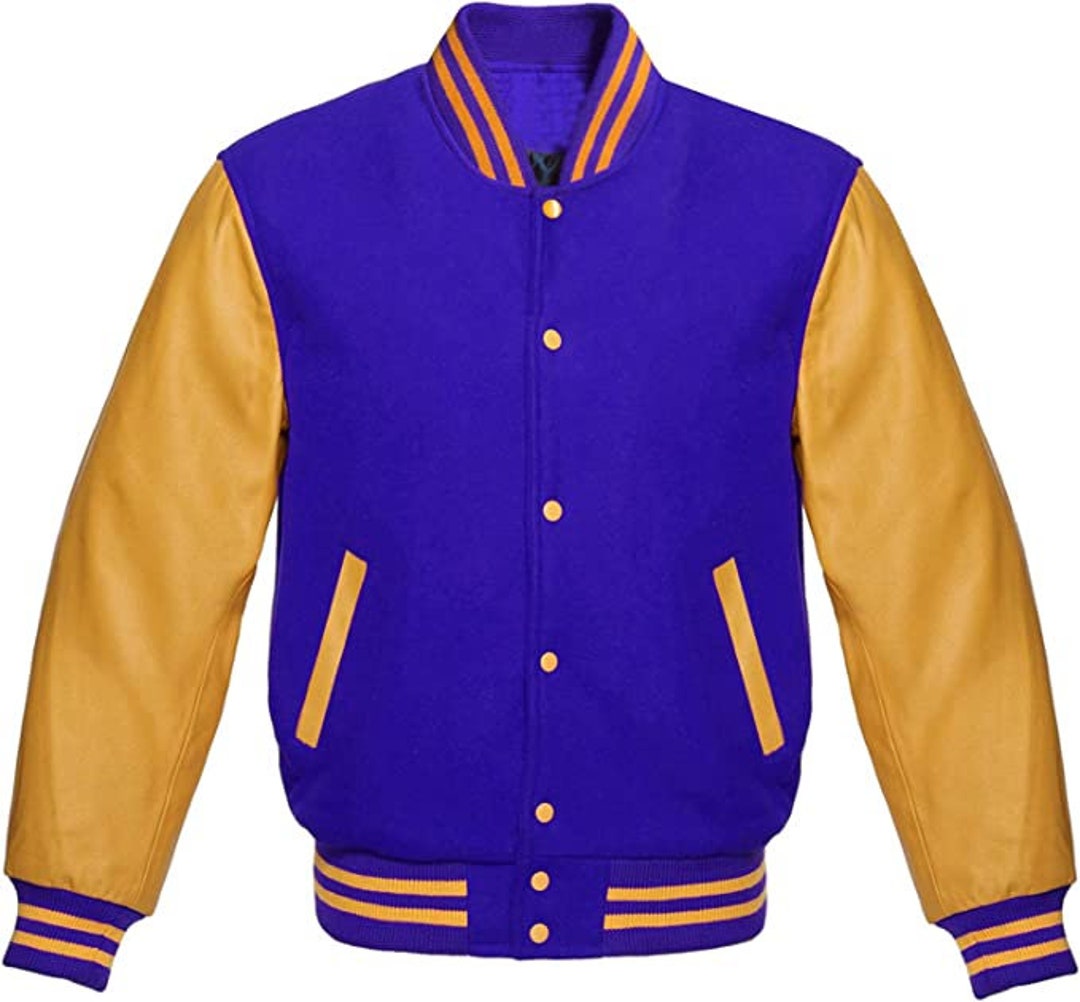 Varsity Letterman College Baseball Jacket - Blue Wool Body Yellow ...