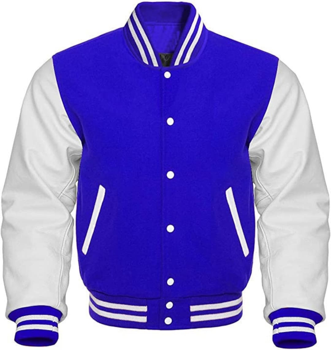 Varsity Letterman College Baseball Jacket Blue Wool Body White Leather ...