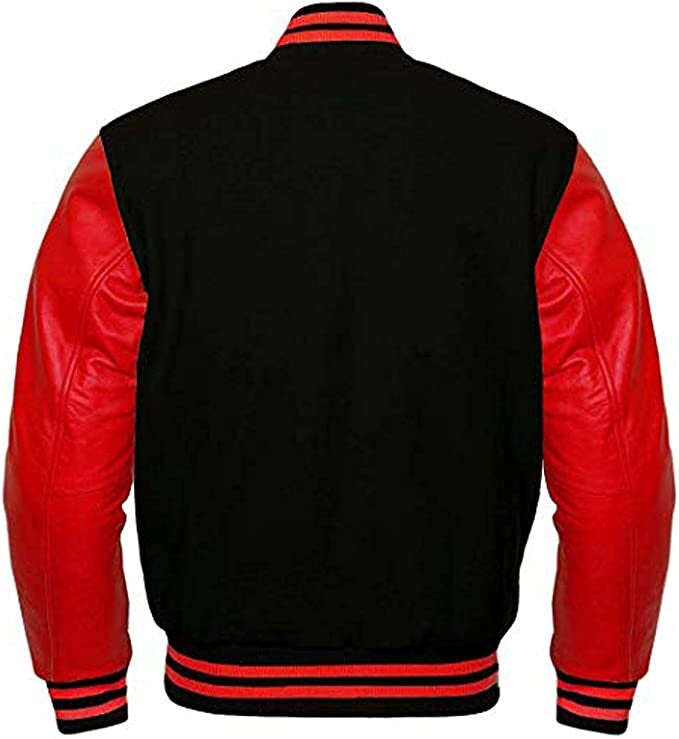 Varsity Letterman College Baseball Jacket - Black Wool Body Red Leather ...