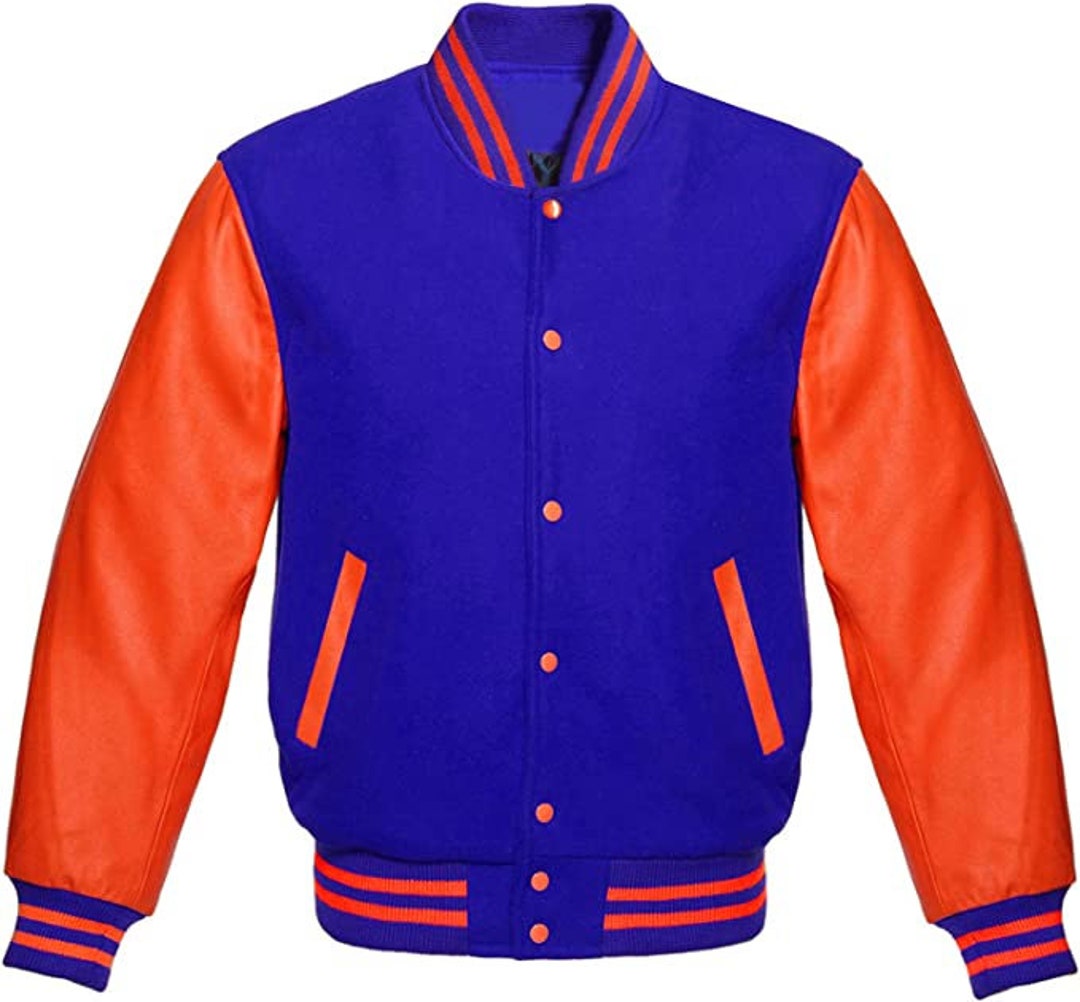 Varsity Letterman College Baseball Jacket - Blue Wool Body Orange ...