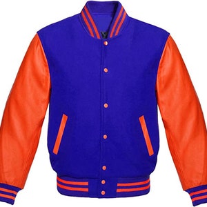 Varsity Letterman College Baseball Jacket - Blue Wool Body Orange ...