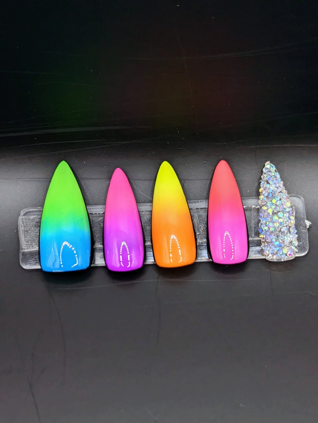 Neon Rainbow Ombre Press on Set | Ombre With Pixie Crystals | Glue on Nails | Custom Nails ...