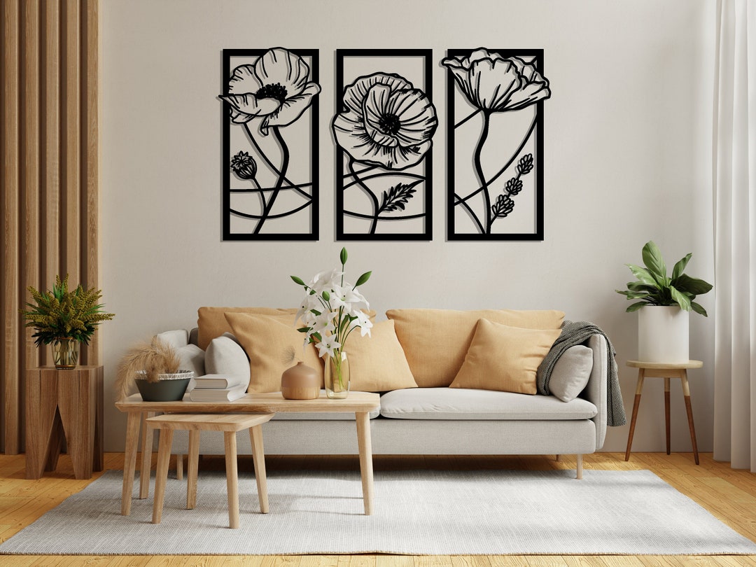 Poppy Flower Metal Wall Art 3 Piece Set,flowers Metal Art,poppy Flower ...