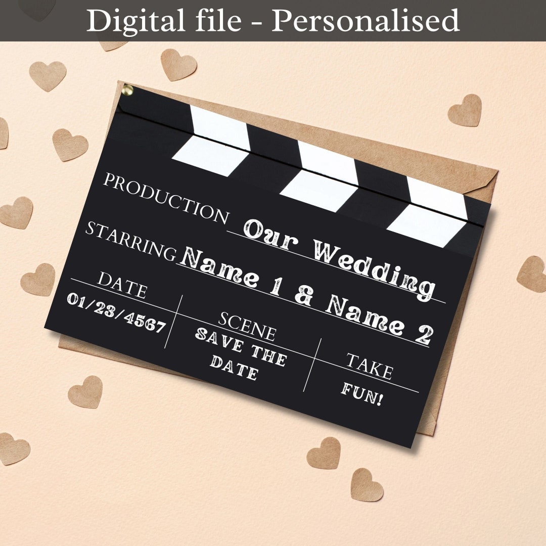 Clapper Board Save the Date, Personalised 6x4inch, Landscape, Wedding ...