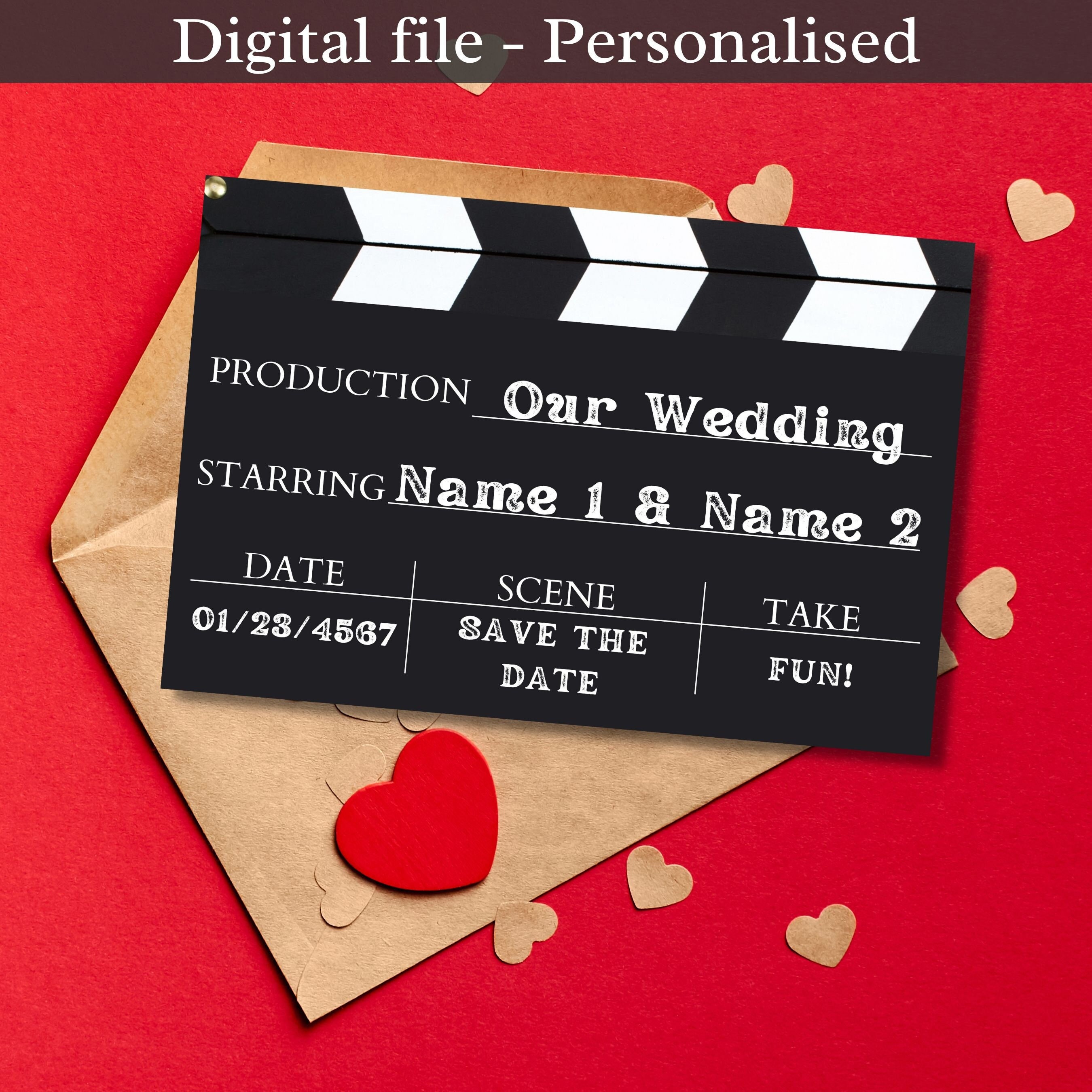 Clapper Board Save the Date, Personalised 6x4inch, Landscape, Wedding ...