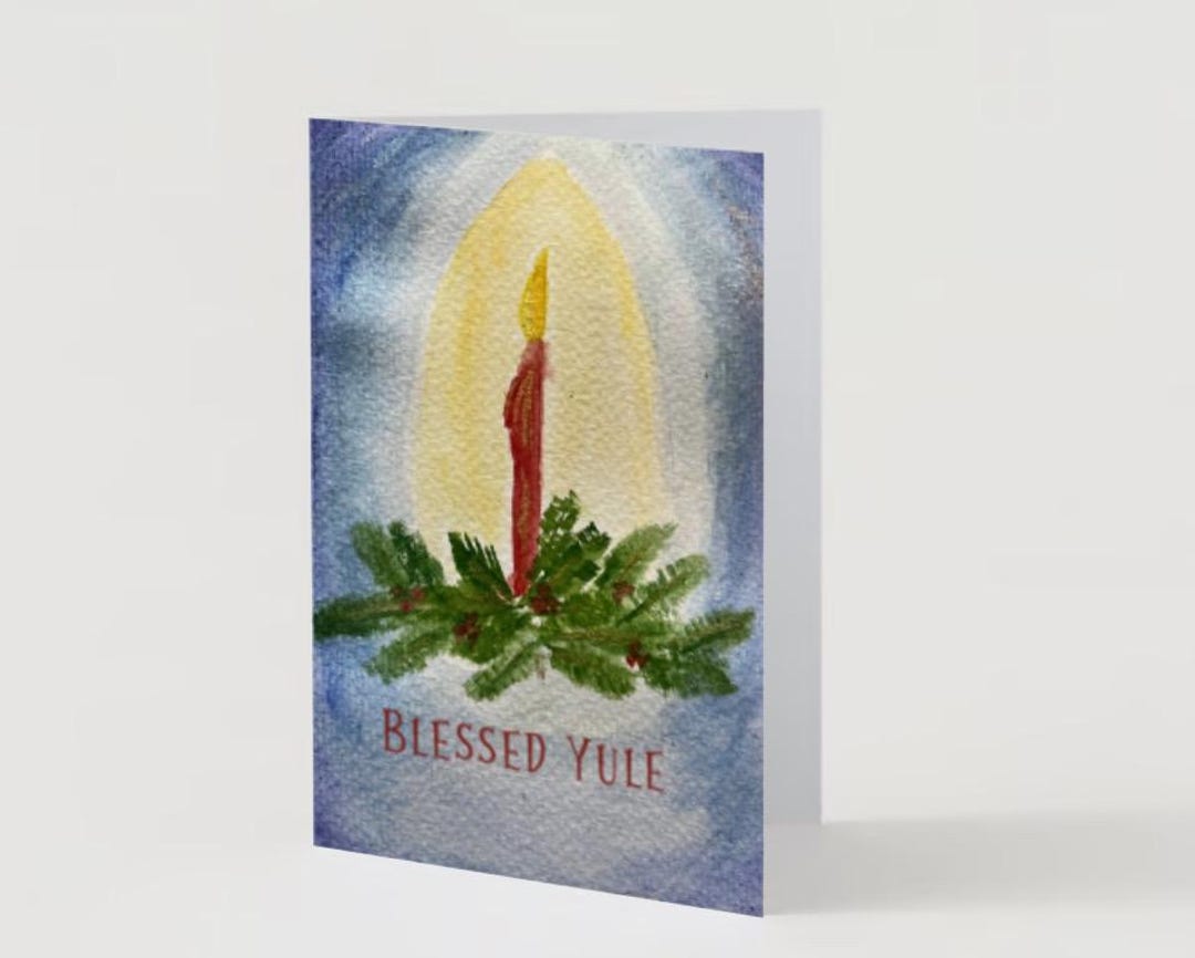 Watercolor Yule Card: Handpainted Candle, Pine Branches (digital ...