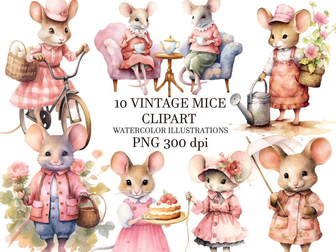 Vintage Watercolor Mice Clipart,adorable Illustrations to Add Charm and ...