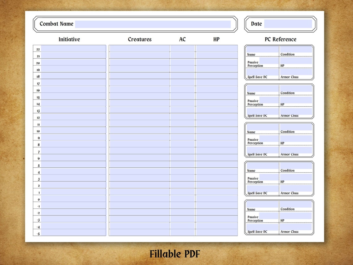 D&D 5e Combat Tracker Printable and Fillable PDF - Etsy