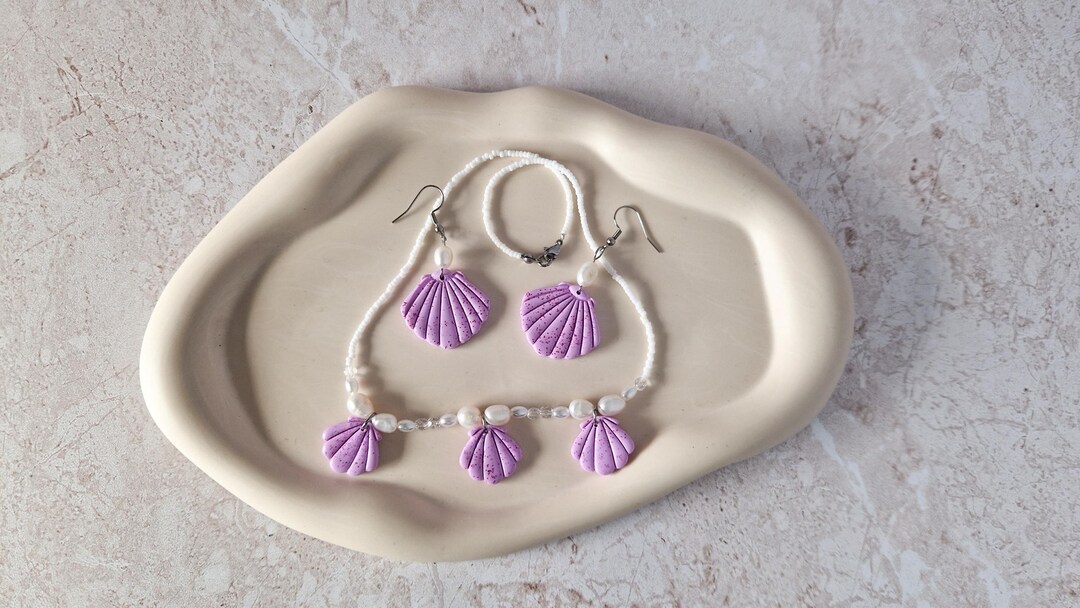Purple Shell Jewelry Set With Glitter, Colorful Necklace and Earrings ...
