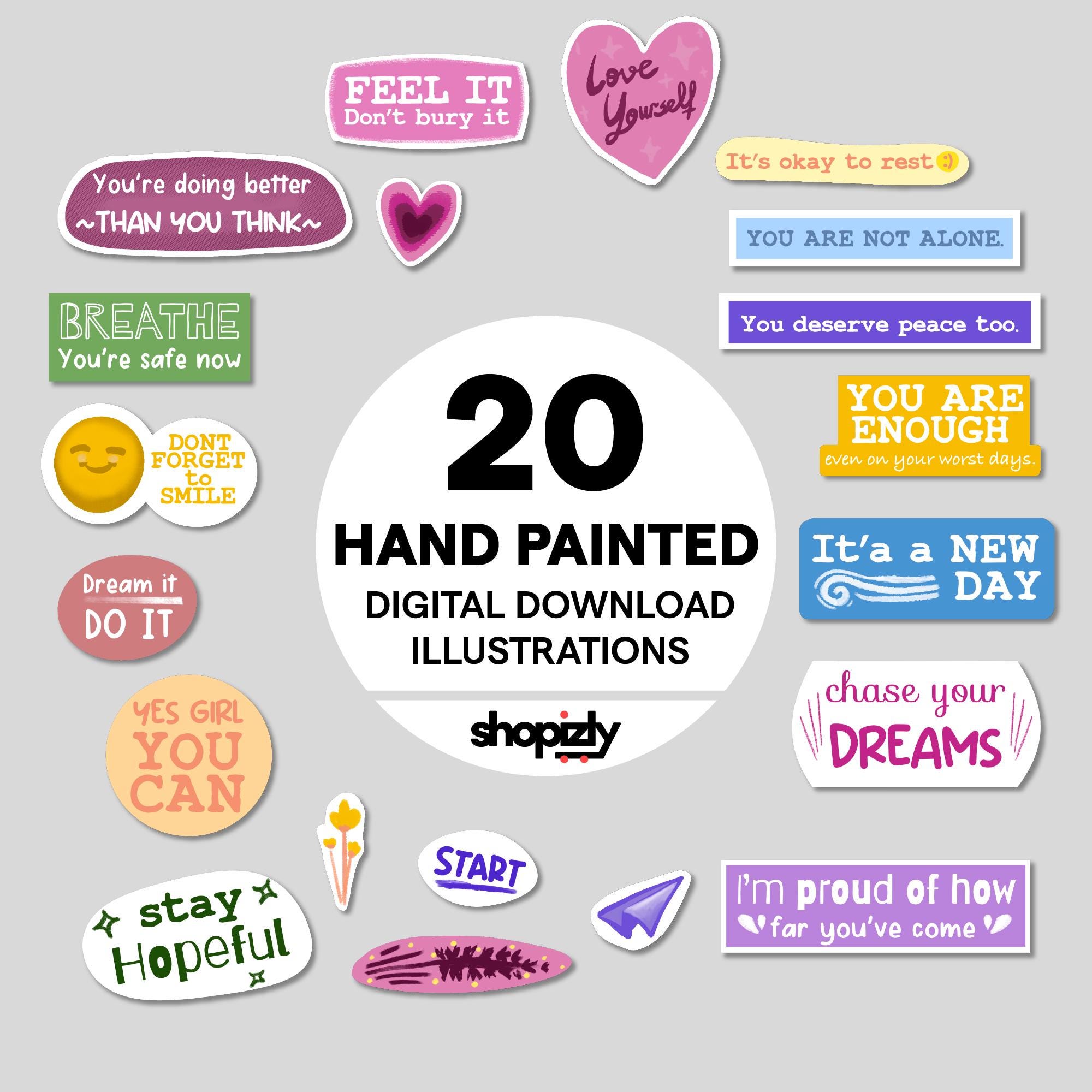 Hand-drawn Motivational Sticker Pack: Positive Quotes (PNG Digital ...