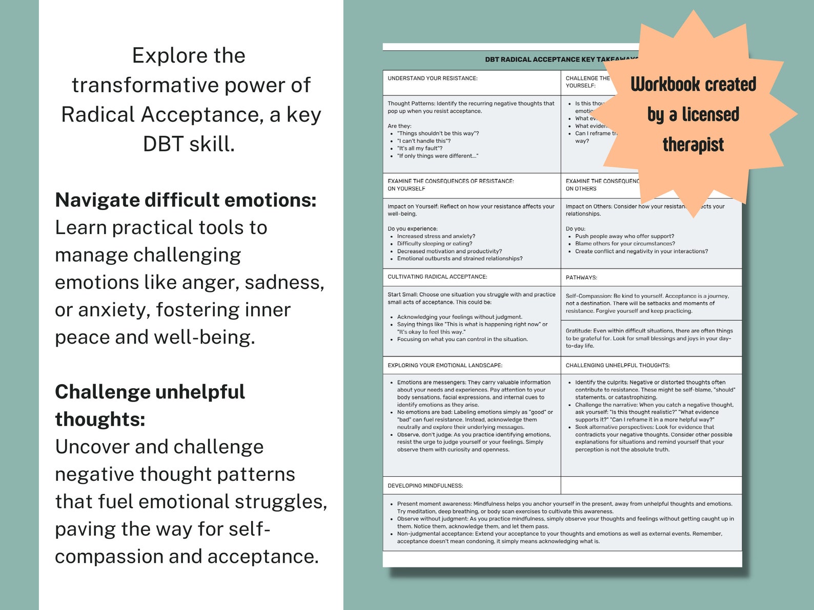 DBT Skills Guide Radical Acceptance Mental Health Workbook, Therapy ...