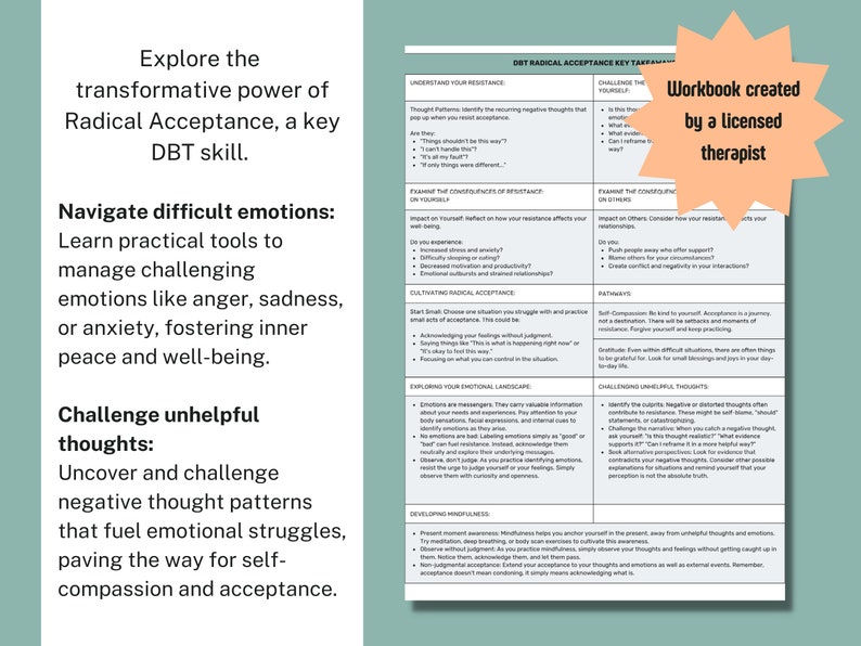 DBT Skills Guide Radical Acceptance Mental Health Workbook, Therapy ...