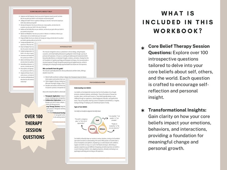 Core Beliefs Therapy Questions Session Guide, Therapy Tools for Counseling, Therapist Worksheet ...