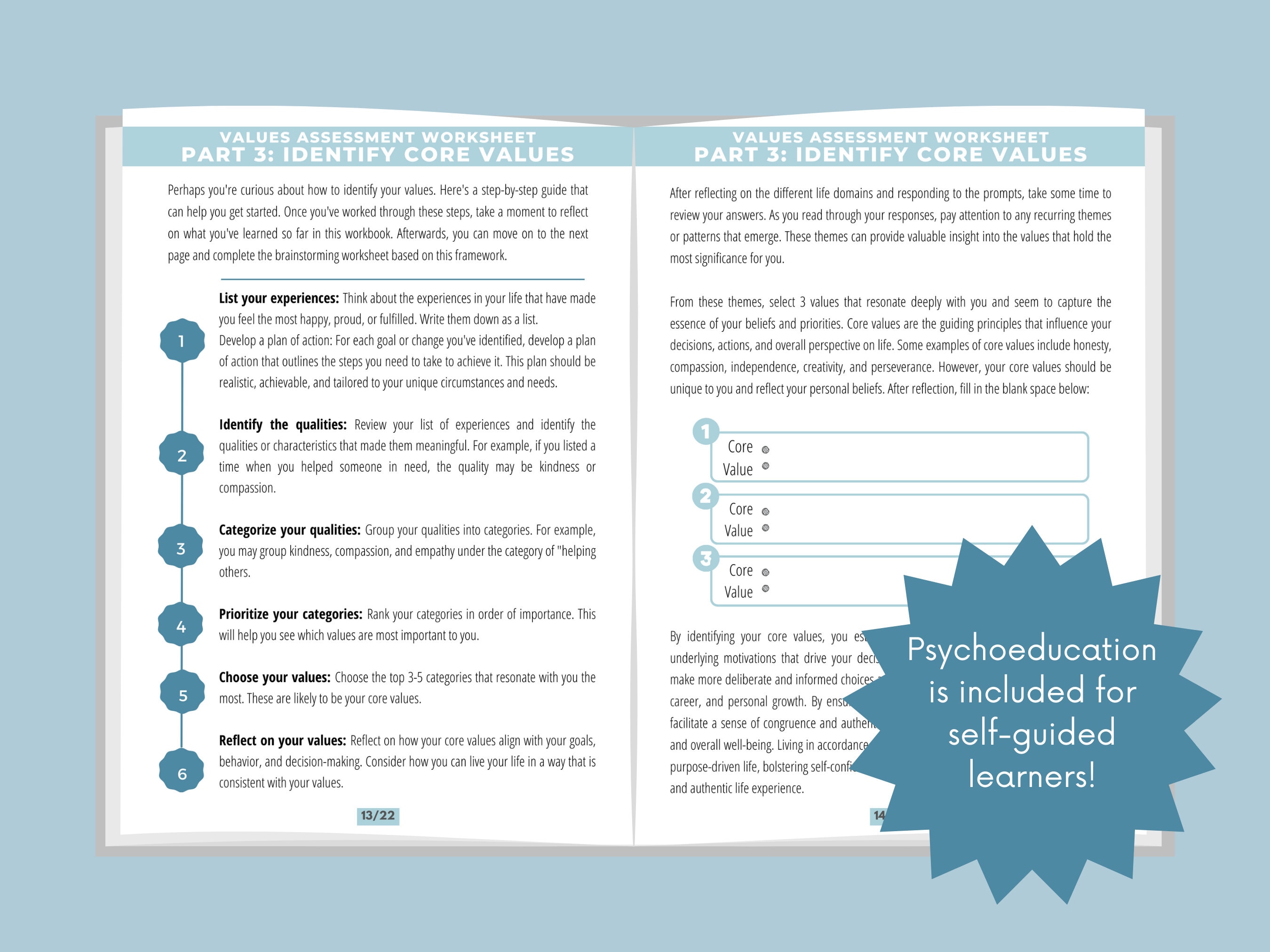 CBT Worksheets: Core Beliefs and Core Values Assessment, Therapy ...
