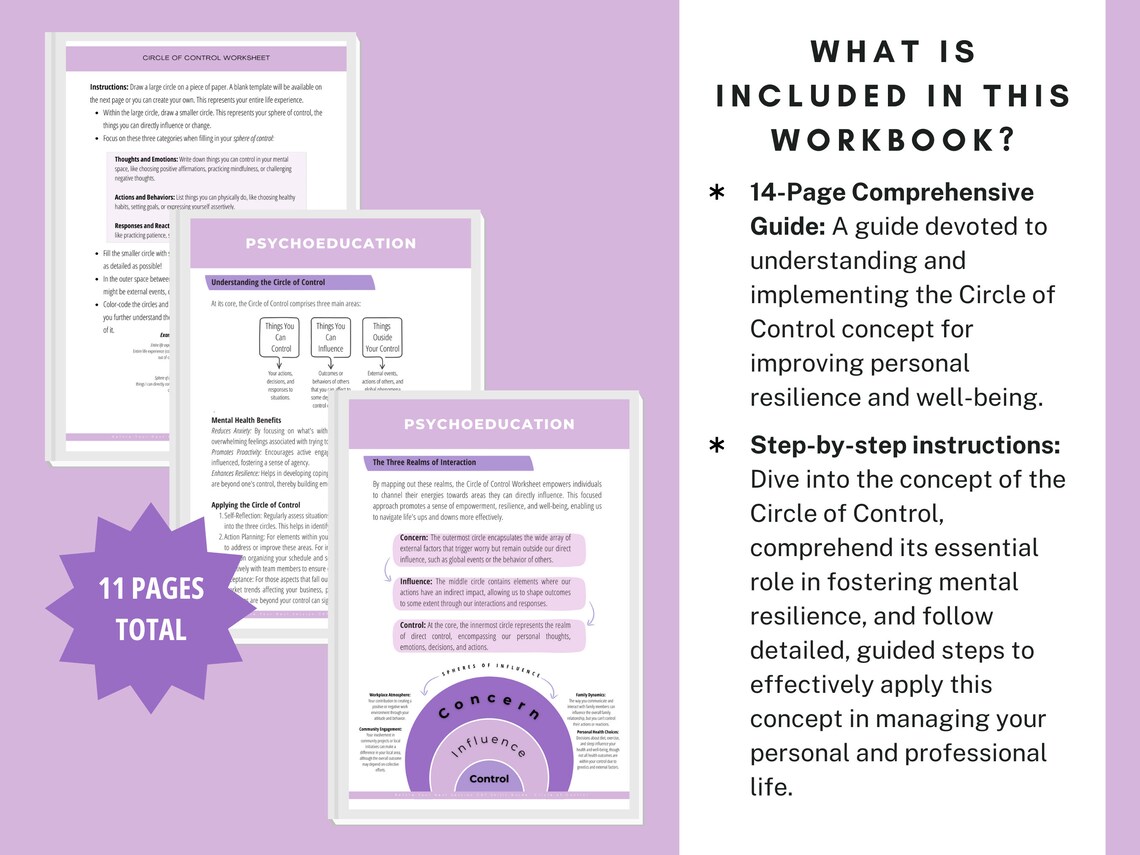 CBT Worksheets Circle of Control Mental Health Workbook, Therapy ...