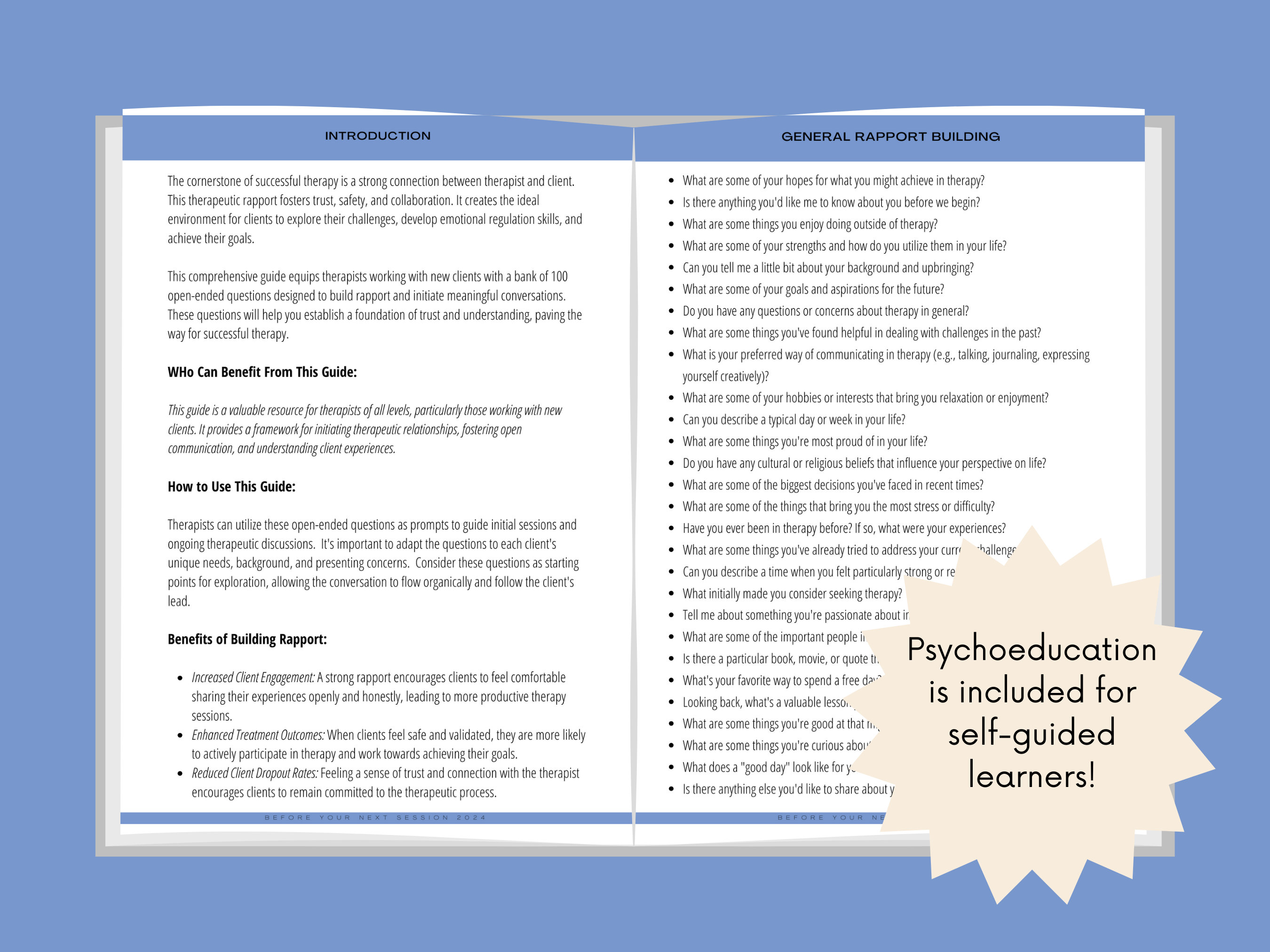 Rapport Building Therapy Questions Session Guide for School Counselor ...