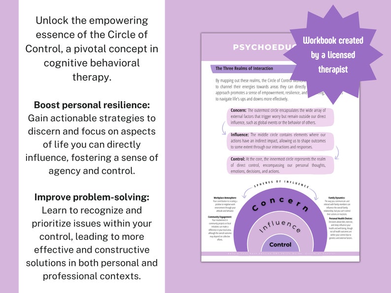 CBT Worksheets Circle of Control Mental Health Workbook, Therapy ...