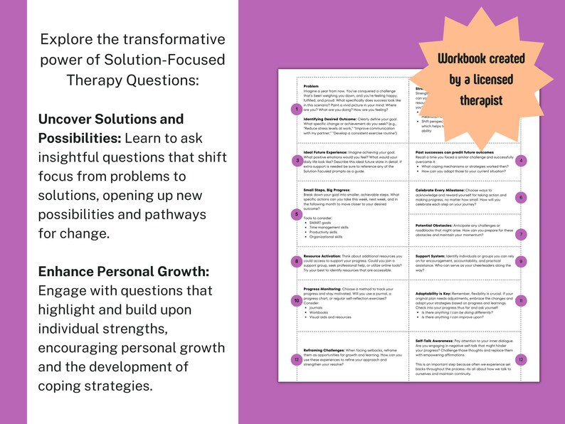 Solution Focused Therapy Question Guide, SFBT Therapy Worksheets ...