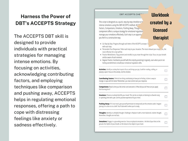 DBT Skills Guide ACCEPTS Mental Health Workbook, Therapy Worksheets, DBT Journal, Coping Skills ...
