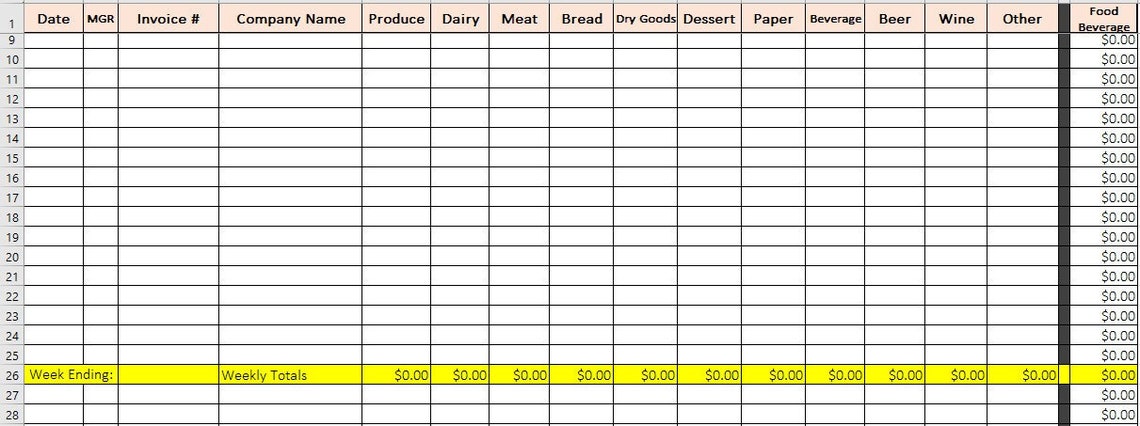 Excel Template Restaurant Invoice Log - Etsy