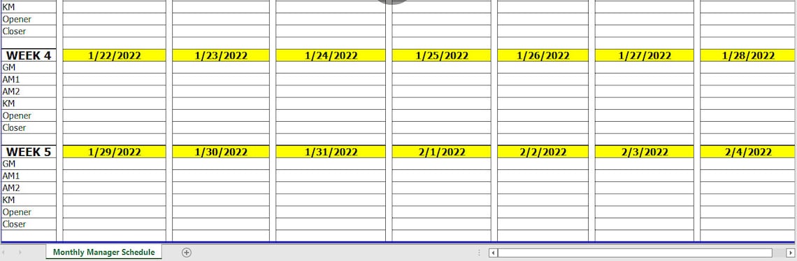 Excel Template Restaurant Monthly Manager Schedule - Etsy