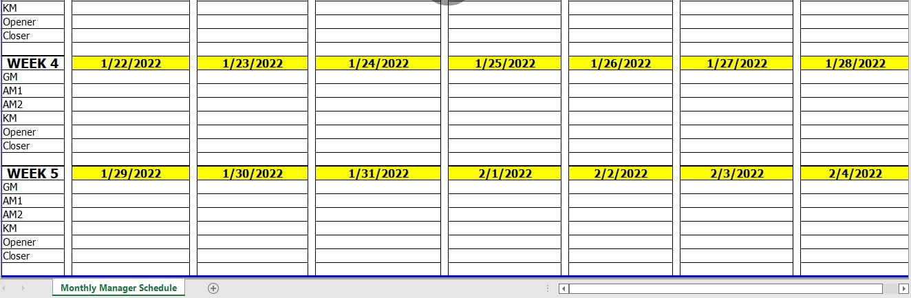 Excel Template Restaurant Monthly Manager Schedule - Etsy