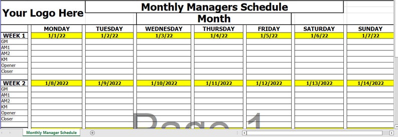 Excel Template Restaurant Monthly Manager Schedule - Etsy
