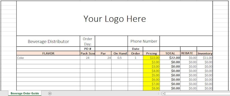 Excel Template Restaurant Beverage Order - Etsy