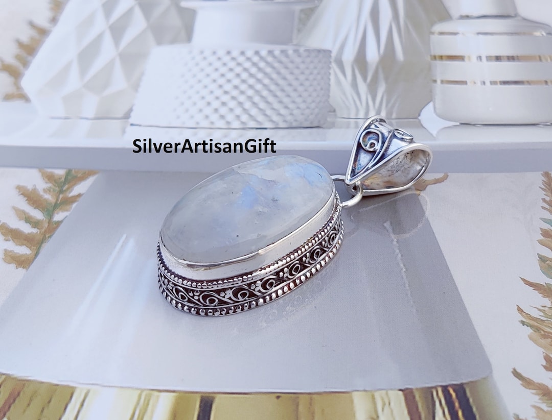 Moonstone Pendant, 925 Sterling Silver, Oval Gemstone Pendant, Natural ...