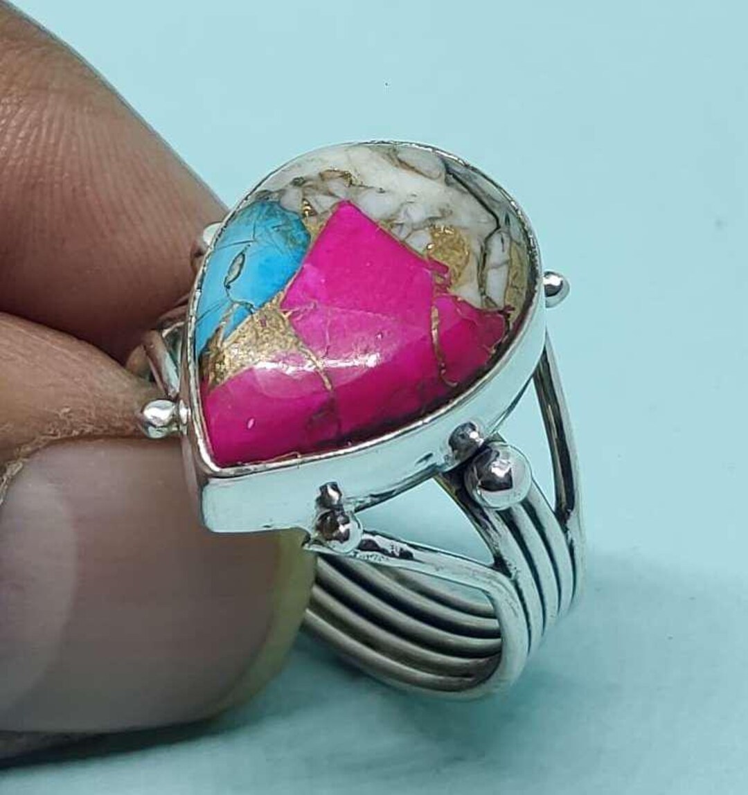 Teardrop Mosaic Gemstone Ring: Boho 925 Sterling Silver Statement Ring ...
