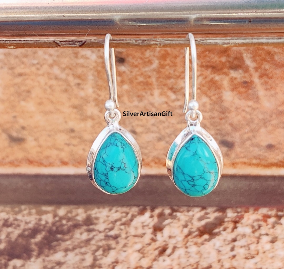 Turquoise Drop Earrings: Pear Shape 925 Sterling Silver Handmade Woman ...
