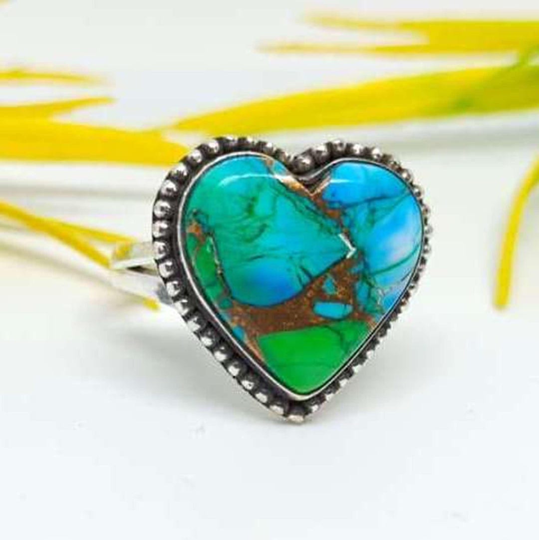 Peacock Dahlia Turquoise Heart Ring: 925 Sterling Silver, Occasion ...