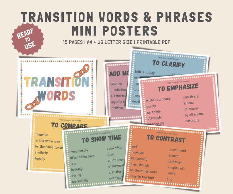 Transition Words and Phrases Mini Posters, Modern English Classroom ...