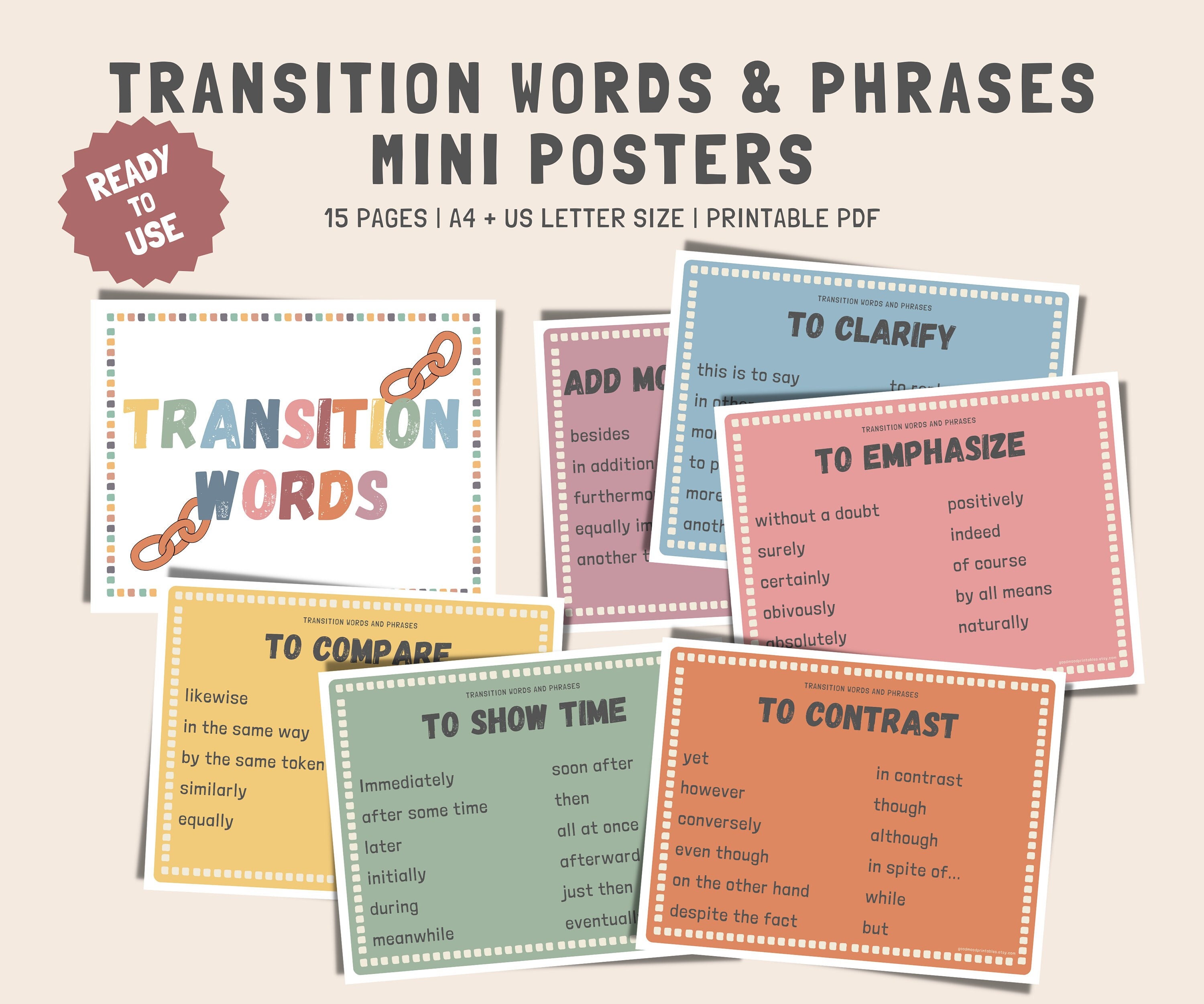 Transition Words and Phrases Mini Posters, Modern English Classroom ...