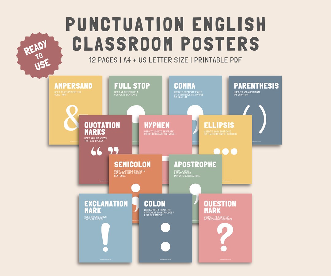 Punctuation Posters Set of 12, English Classroom Posters, Classroom ...