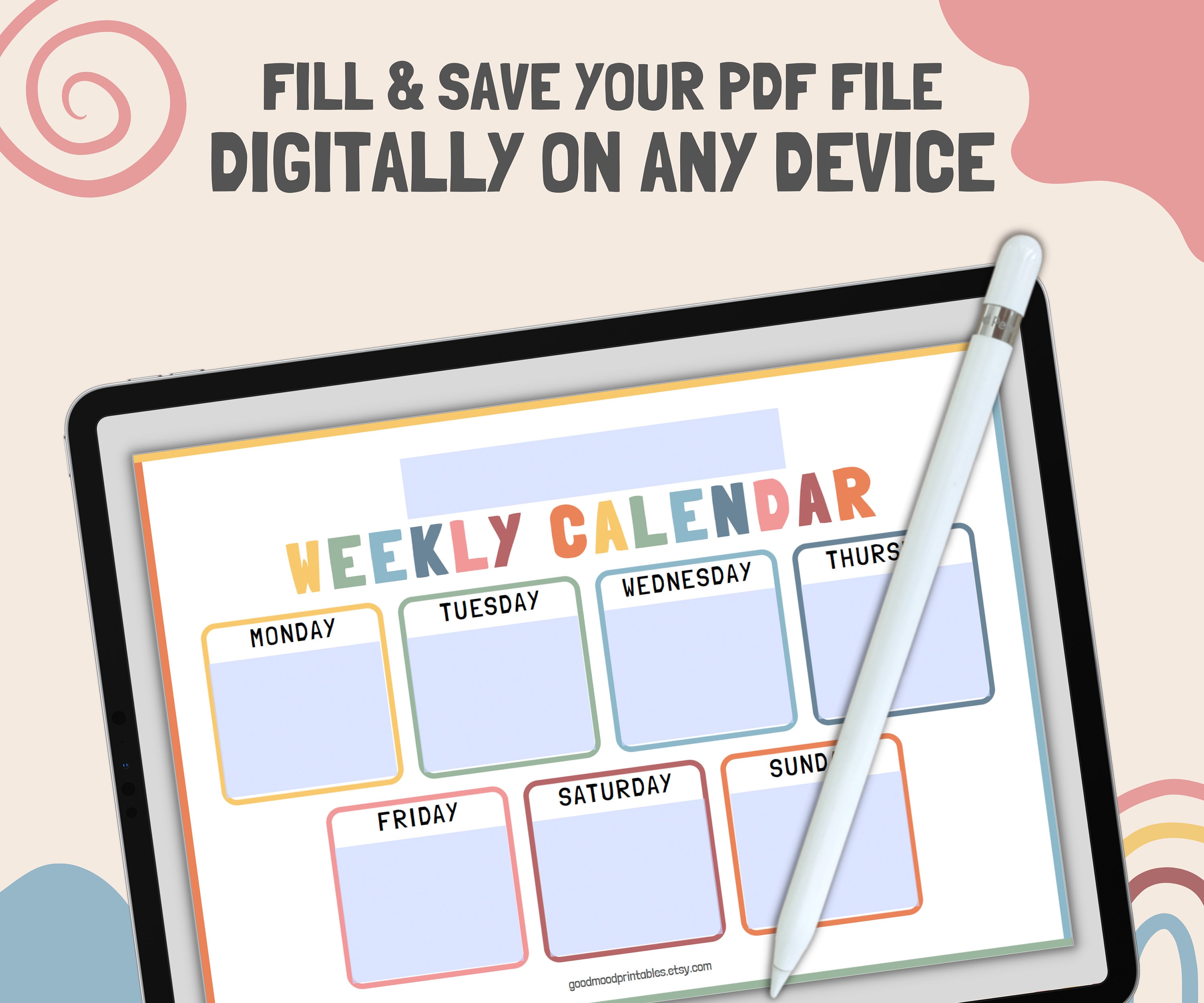 Weekly Calendar for Kids, Printable & Fillable Children's Weekly ...