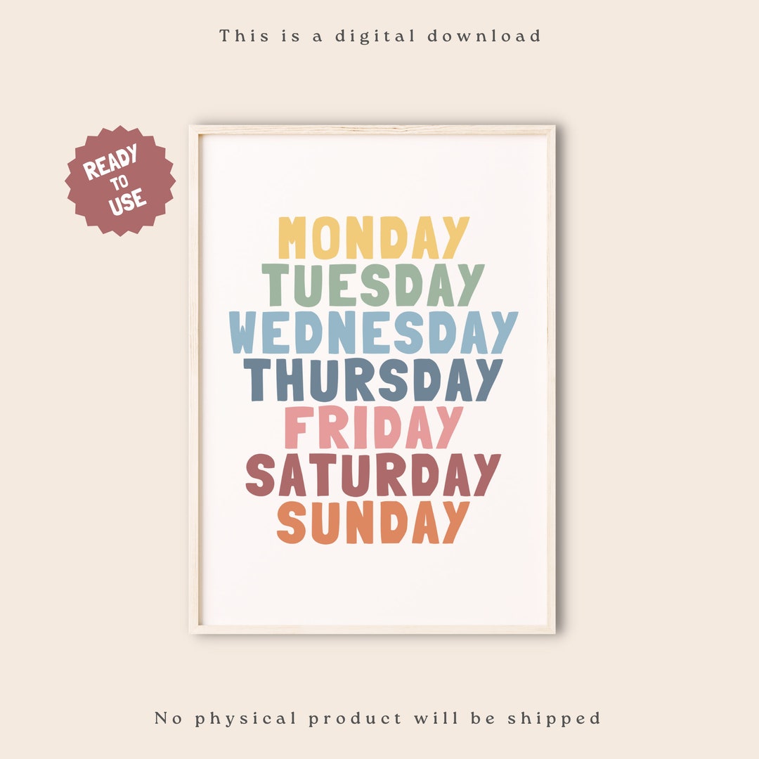 Rainbow Days of the Week, Playroom Educational Poster, Rainbow Nursery ...