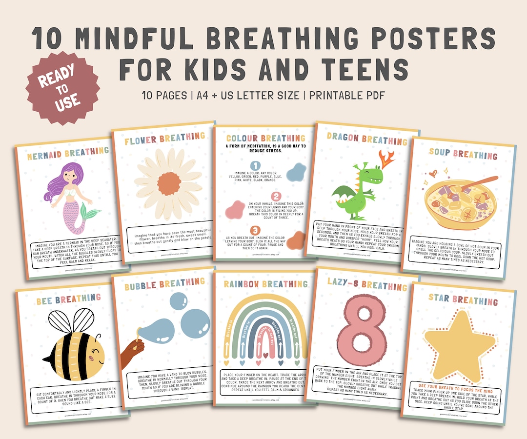 10 Mindful Breathing Posters Bundle for Kids Teens, Calm Down Corner ...