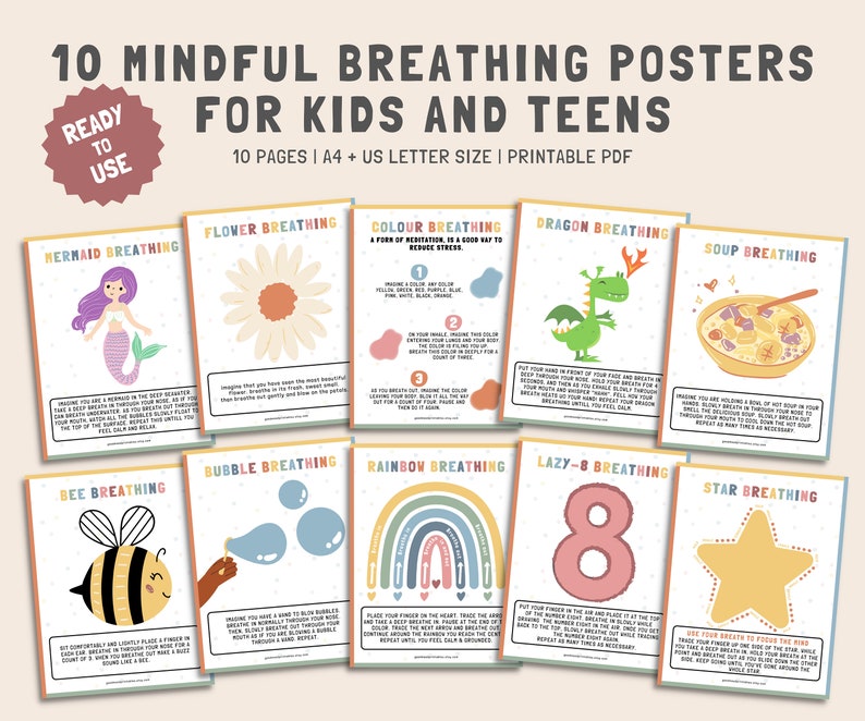 10 Mindful Breathing Posters Bundle for Kids Teens, Calm Down Corner ...