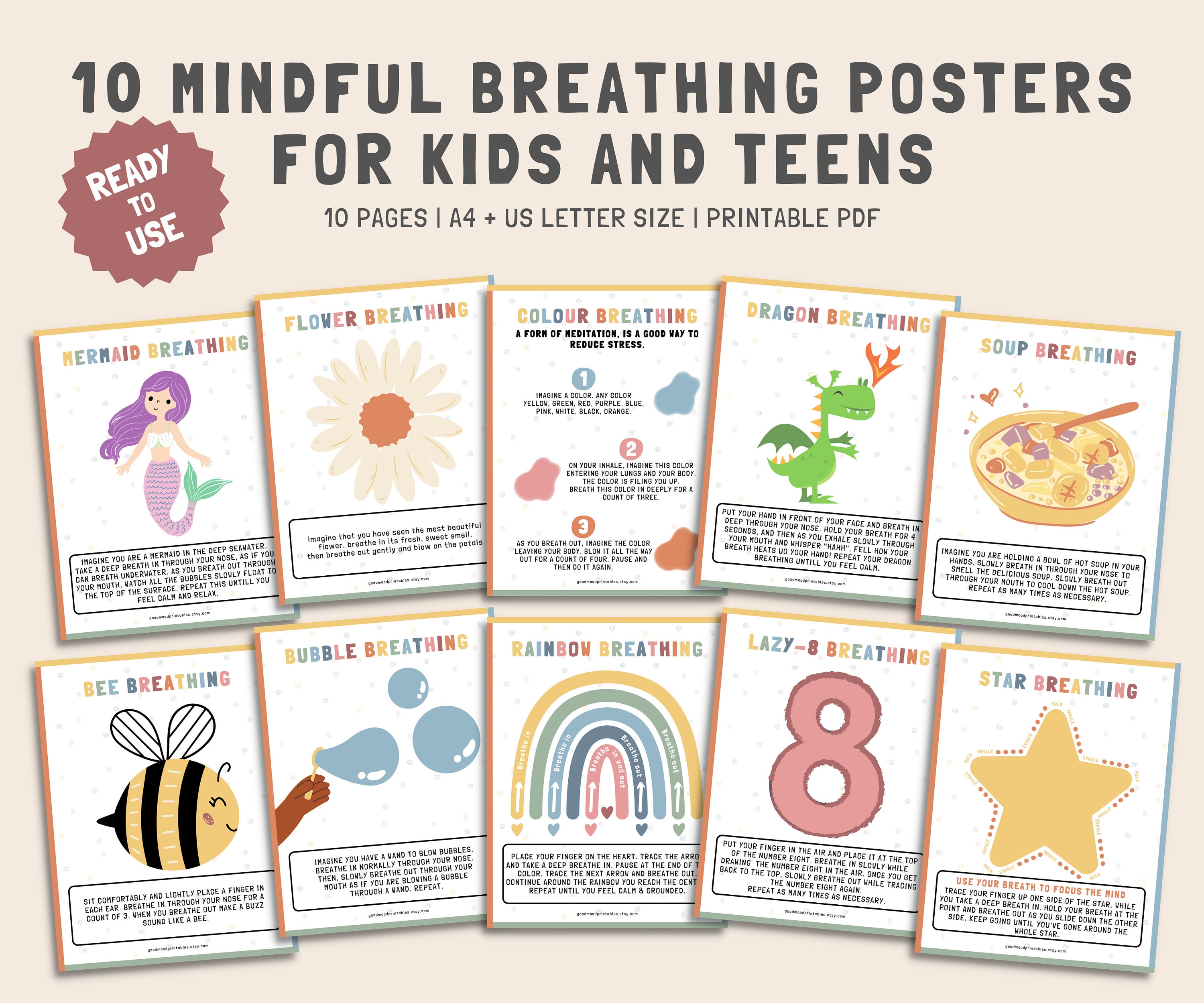 10 Mindful Breathing Posters Bundle for Kids Teens, Calm Down Corner ...