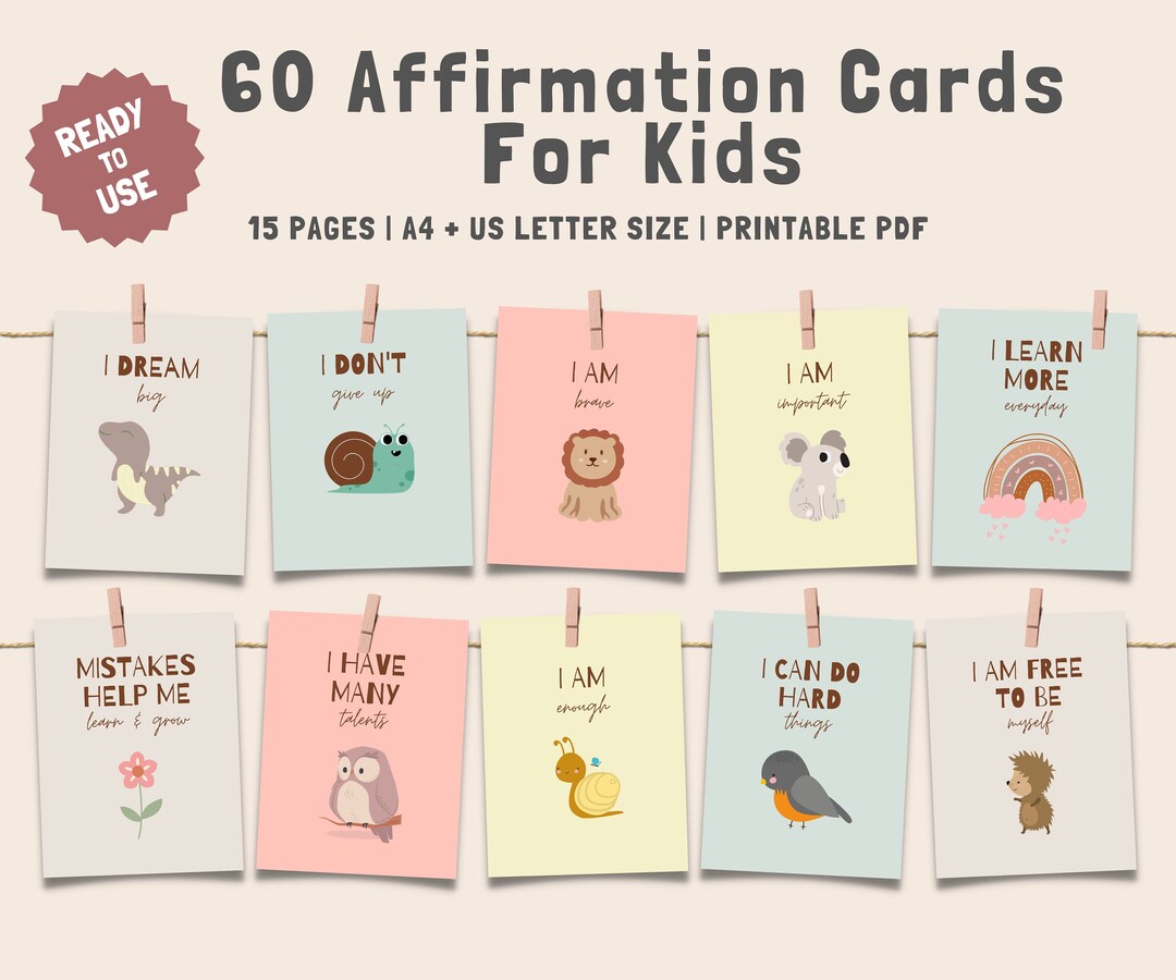 60 Affirmation Cards for Kids, Motivational Cards, Digital Download ...