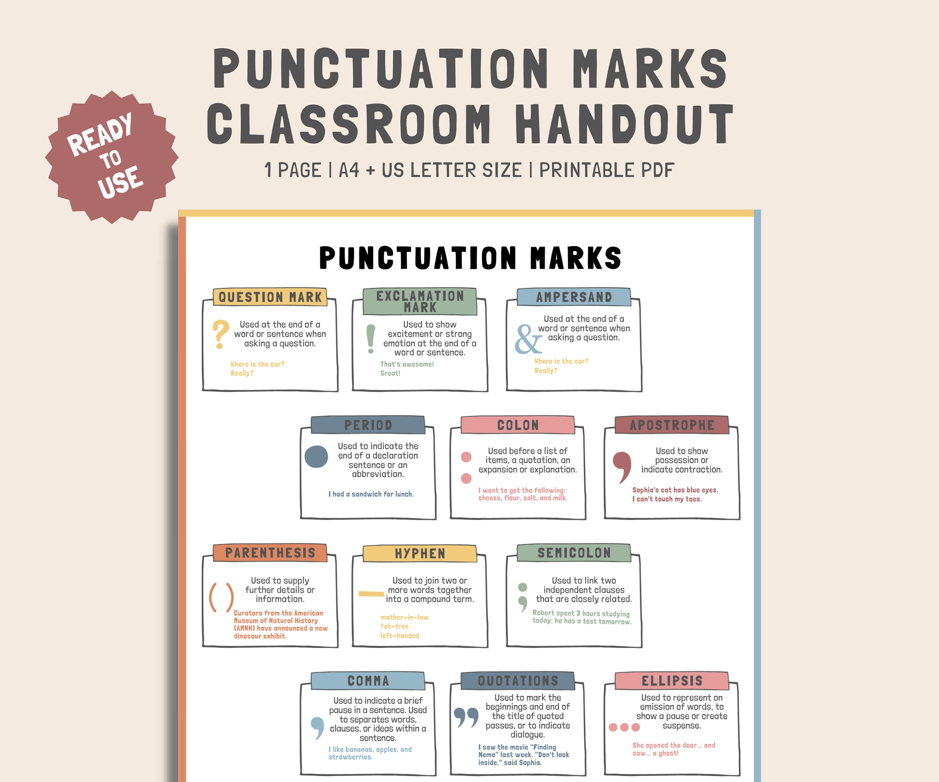 15 Punctuation Marks Handout, Elementary, Middle School, ELA Resource ...