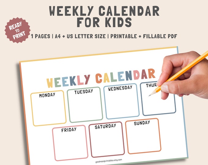 Kids Weekly Calendar · Cute Colorful Printable Children's Weekly ...