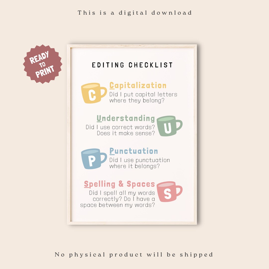 Cups Editing Checklist, English Classroom Decor, Young Writers Editing ...