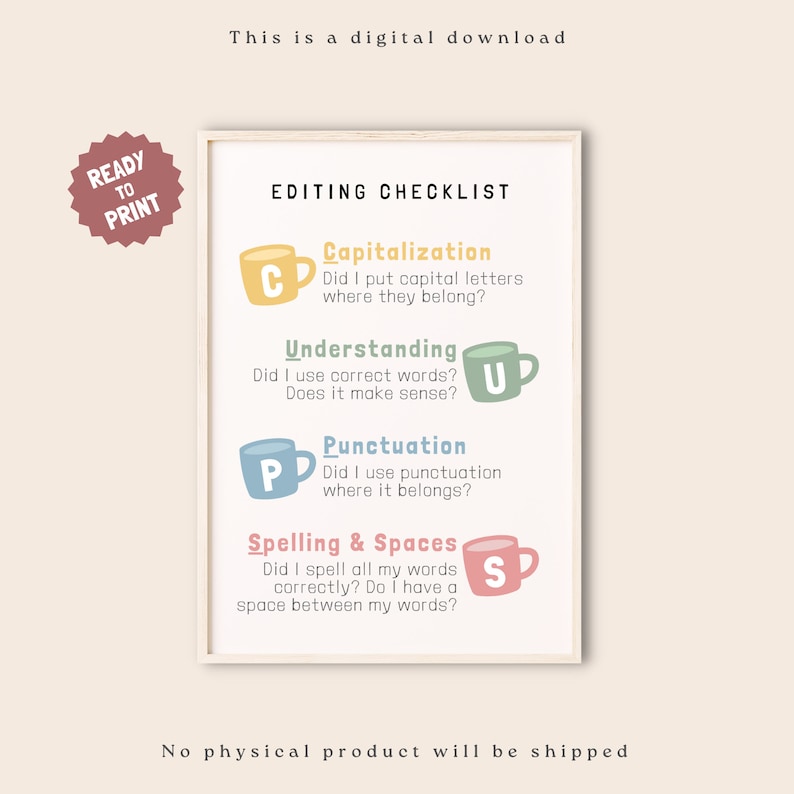 Cups Editing Checklist, English Classroom Decor, Young Writers Editing ...