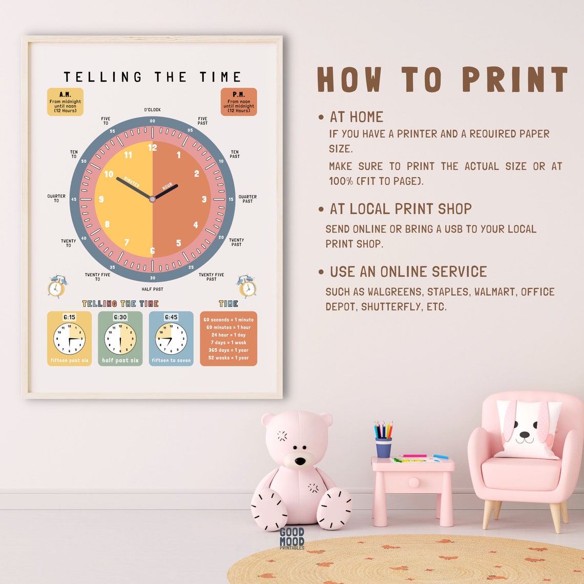 Telling Time Printable ,learning Clock Poster ,homeschool ,educational ...