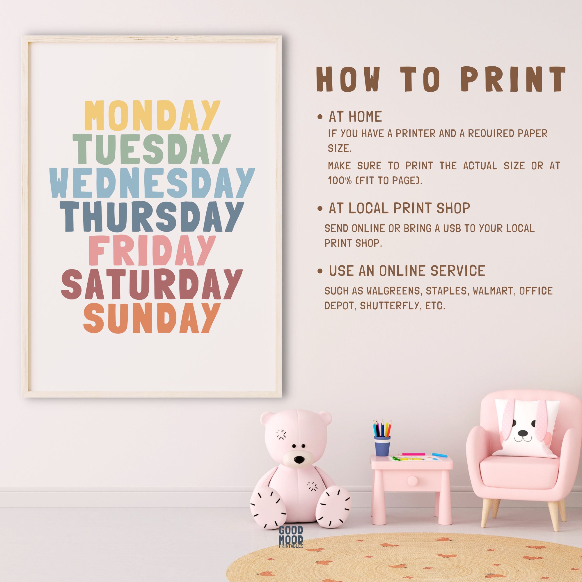 Rainbow Days of the Week, Playroom Educational Poster, Rainbow Nursery ...